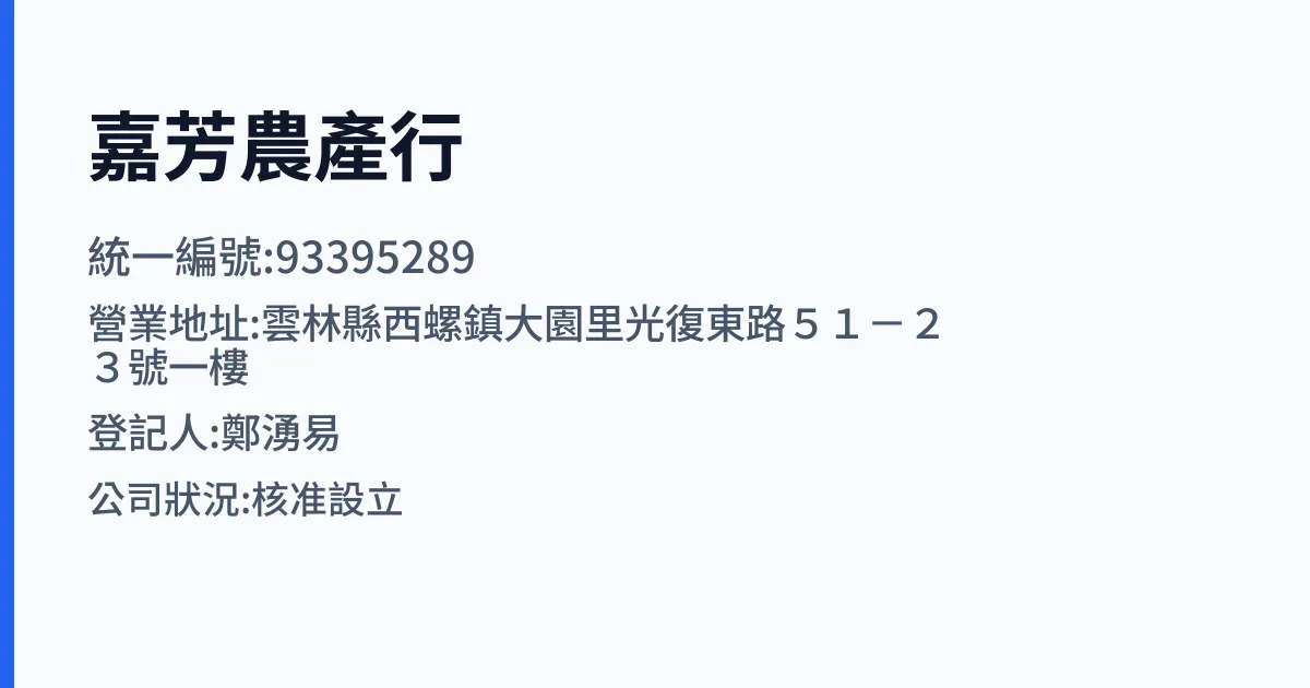 嘉芳農產行 - 統編 93395289(彰化縣) 公司登記資料與營業項目詳細圖表