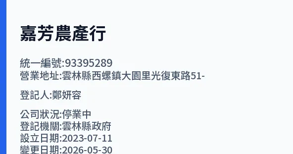 嘉芳農產行的照片-統編 93395289(雲林縣) 公司登記資料與營業項目詳細圖表