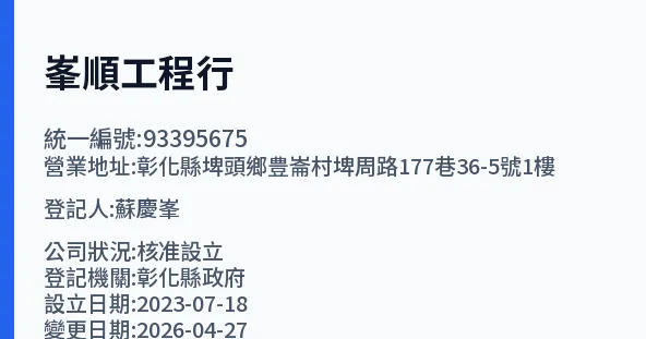 峯順工程行的照片-統編 93395675(彰化縣) 公司登記資料與營業項目詳細圖表