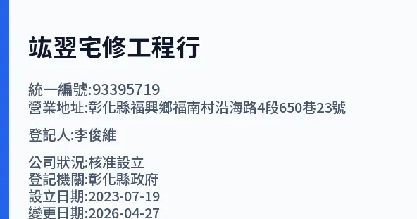 竑翌宅修工程行的照片-統編 93395719(彰化縣) 公司登記資料與營業項目詳細圖表
