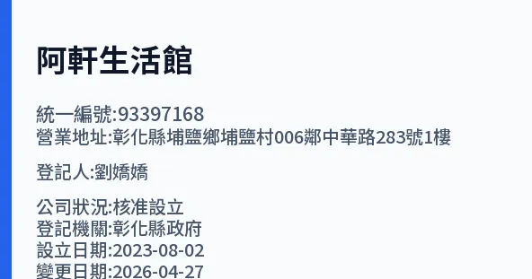阿軒生活館的照片-統編 93397168(彰化縣) 公司登記資料與營業項目詳細圖表