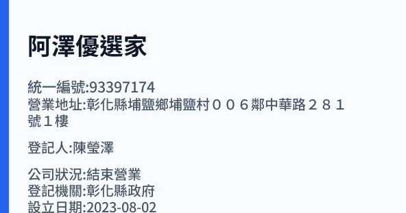 阿澤優選家的照片-統編 93397174(彰化縣) 公司登記資料與營業項目詳細圖表