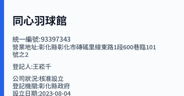 同心羽球館的照片-統編 93397343(彰化縣) 公司登記資料與營業項目詳細圖表