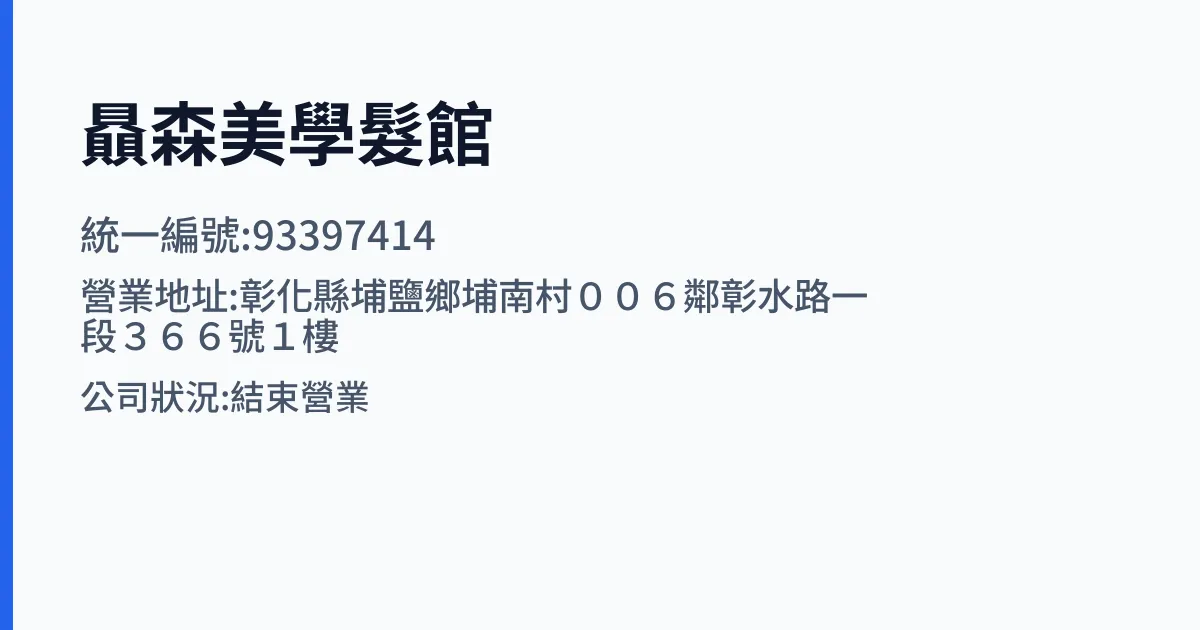 贔森美學髮館 - 統編 93397414(彰化縣) 公司登記資料與營業項目詳細圖表