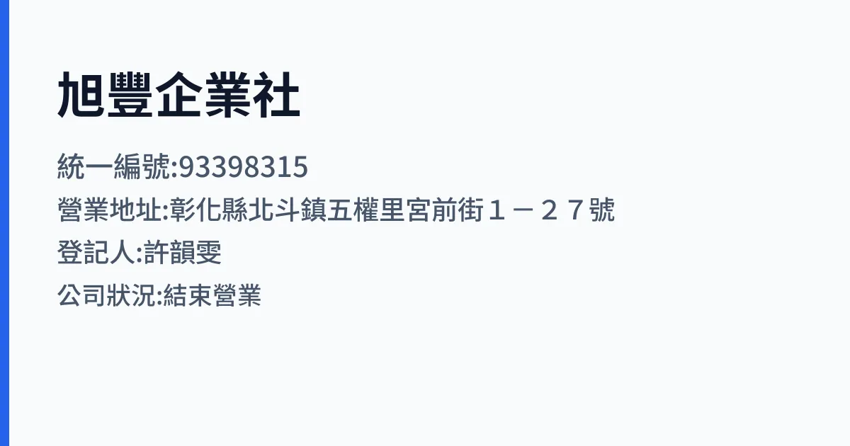 旭豐企業社 - 統編 93398315(彰化縣) 公司登記資料與營業項目詳細圖表