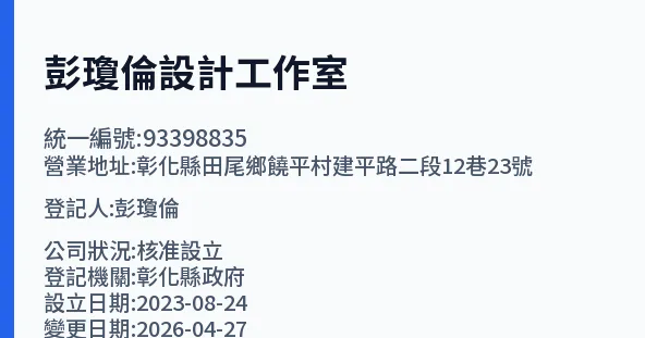 彭瓊倫設計工作室的照片-統編 93398835(彰化縣) 公司登記資料與營業項目詳細圖表