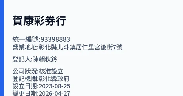 賀康彩券行的照片-統編 93398883(彰化縣) 公司登記資料與營業項目詳細圖表