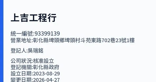 上吉工程行的照片-統編 93399139(彰化縣) 公司登記資料與營業項目詳細圖表
