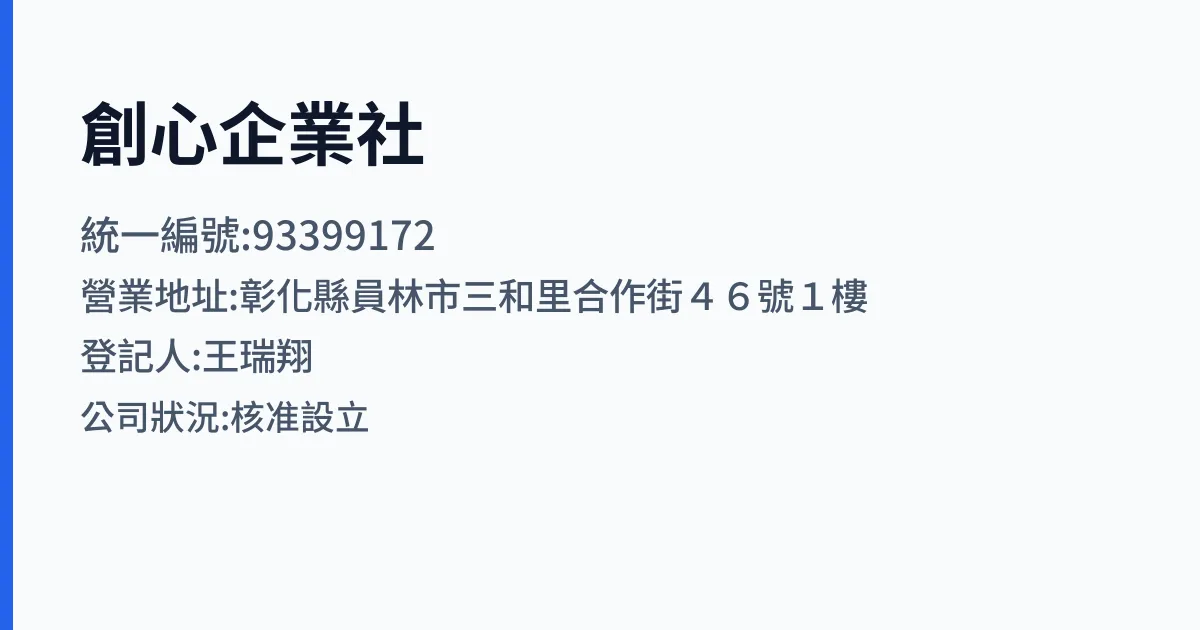 創心企業社 - 統編 93399172(彰化縣) 公司登記資料與營業項目詳細圖表