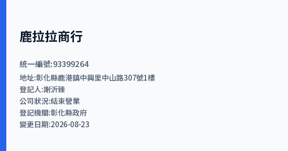 鹿拉拉商行的照片-統編 93399264(彰化縣) 公司登記資料與營業項目詳細圖表