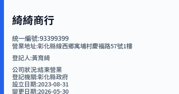 綺綺商行的照片-統編 93399399(彰化縣) 公司登記資料與營業項目詳細圖表