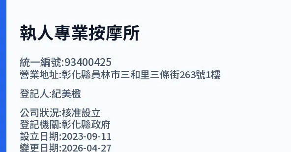 執人專業按摩所的照片-統編 93400425(彰化縣) 公司登記資料與營業項目詳細圖表