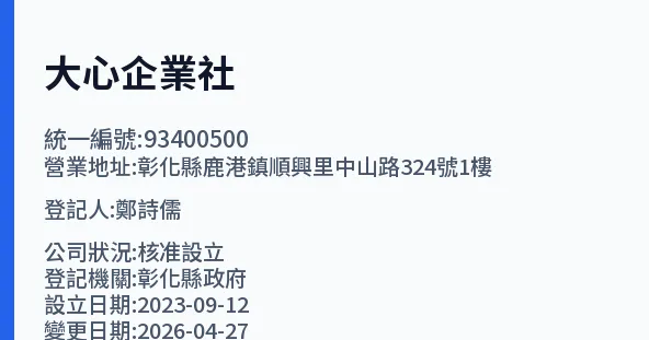 大心企業社的照片-統編 93400500(彰化縣) 公司登記資料與營業項目詳細圖表