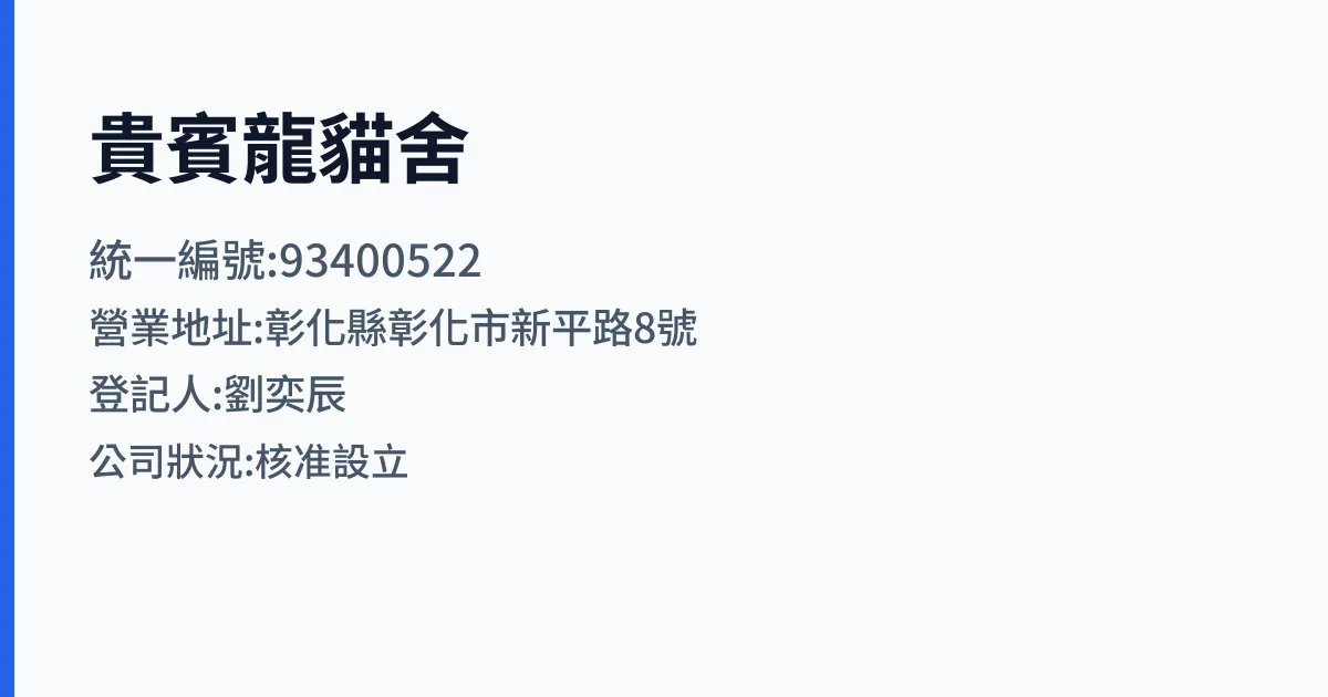 貴賓龍貓舍 - 統編 93400522（彰化縣） 公司登記資料與營業項目詳細圖表