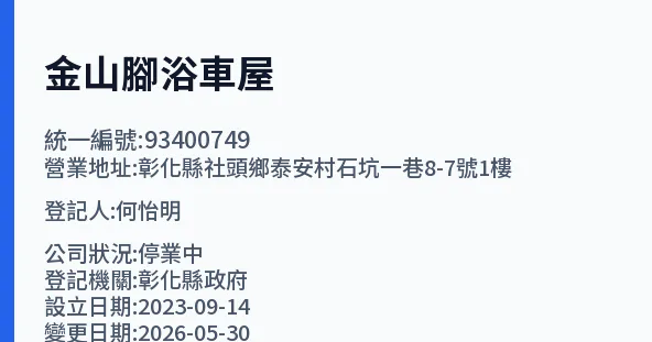 金山腳浴車屋的照片-統編 93400749(彰化縣) 公司登記資料與營業項目詳細圖表