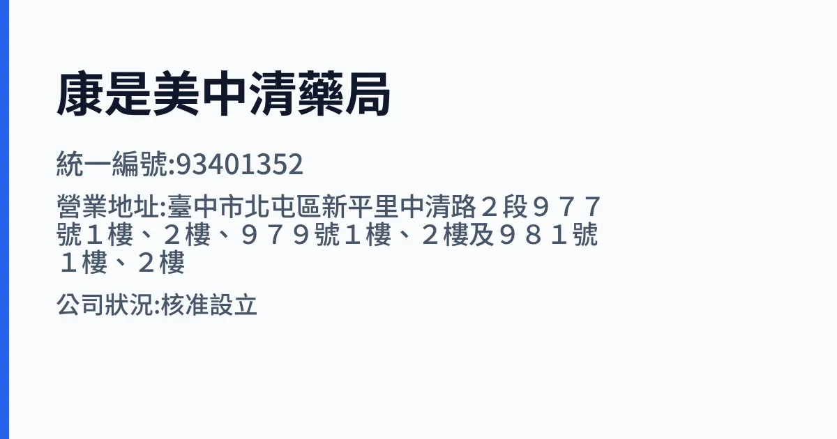康是美中清藥局 - 統編 93401352(臺中市) 公司登記資料與營業項目詳細圖表