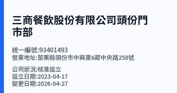 三商餐飲股份有限公司頭份門市部的照片-統編 93401493(苗栗縣) 公司登記資料與營業項目詳細圖表