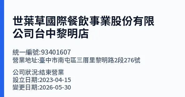 世葉草國際餐飲事業股份有限公司台中黎明店的照片-統編 93401607(臺中市) 公司登記資料與營業項目詳細圖表