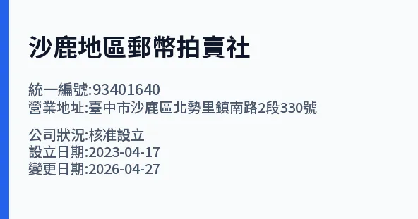 沙鹿地區郵幣拍賣社的照片-統編 93401640(臺中市) 公司登記資料與營業項目詳細圖表