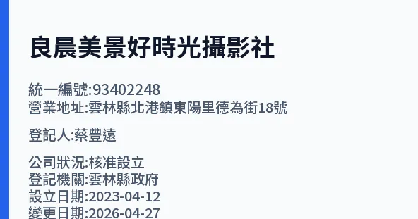 良晨美景好時光攝影社的照片-統編 93402248(雲林縣) 公司登記資料與營業項目詳細圖表