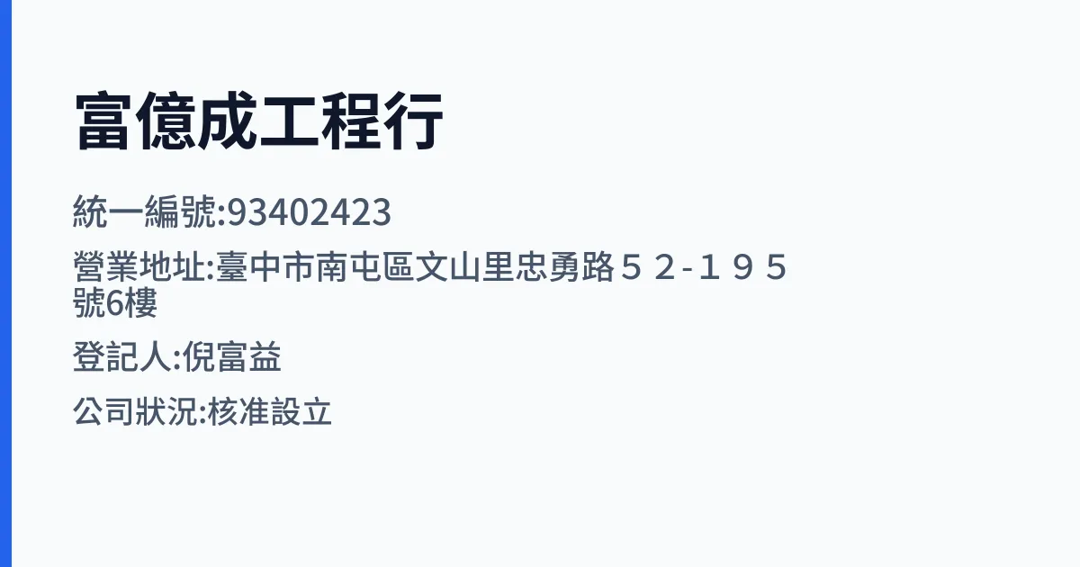 富億成工程行 - 統編 93402423(臺中市) 公司登記資料與營業項目詳細圖表