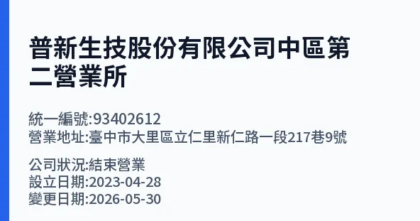 普新生技股份有限公司中區第二營業所的照片-統編 93402612(臺中市) 公司登記資料與營業項目詳細圖表