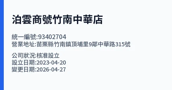 泊雲商號竹南中華店的照片-統編 93402704(苗栗縣) 公司登記資料與營業項目詳細圖表