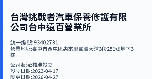 台灣挑戰者汽車保養修護有限公司台中遠百營業所的照片-統編 93402731(臺中市) 公司登記資料與營業項目詳細圖表
