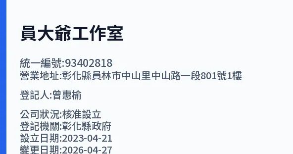 員大爺工作室的照片-統編 93402818(彰化縣) 公司登記資料與營業項目詳細圖表