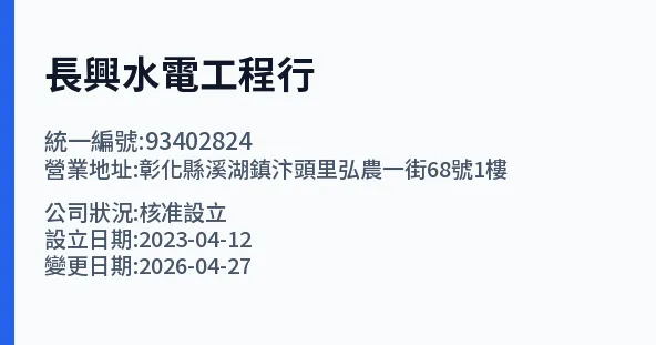 長興水電工程行的照片-統編 93402824(彰化縣) 公司登記資料與營業項目詳細圖表