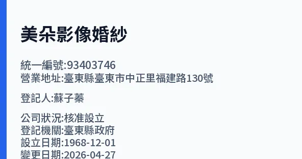 美朵影像婚紗的照片-統編 93403746(臺東縣) 公司登記資料與營業項目詳細圖表