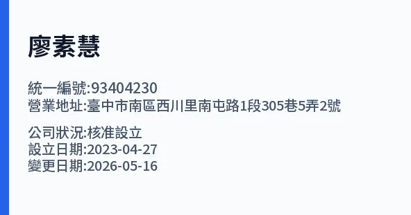 廖素慧的照片-統編 93404230(臺中市) 公司登記資料與營業項目詳細圖表