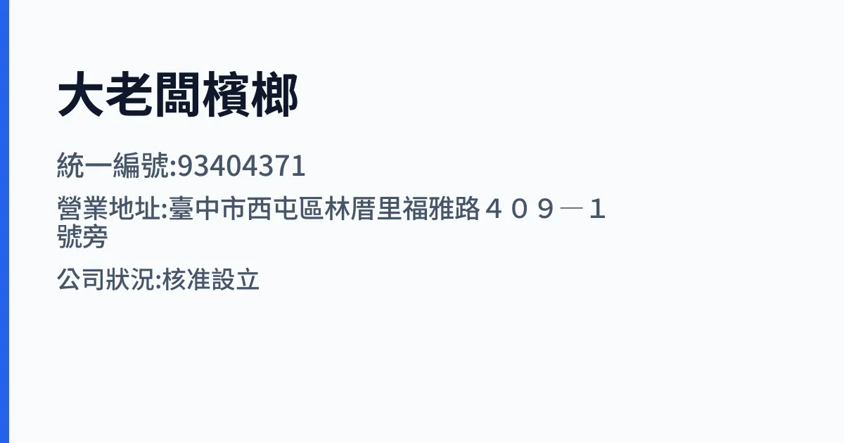 大老闆檳榔 - 統編 93404371(臺中市) 公司登記資料與營業項目詳細圖表