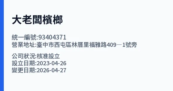 大老闆檳榔的照片-統編 93404371(臺中市) 公司登記資料與營業項目詳細圖表