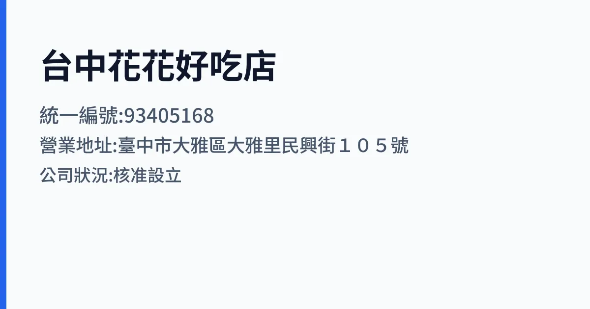 台中花花好吃店 - 統編 93405168(臺中市) 公司登記資料與營業項目詳細圖表