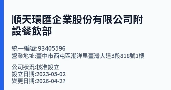 順天環匯企業股份有限公司附設餐飲部的照片-統編 93405596(臺中市) 公司登記資料與營業項目詳細圖表