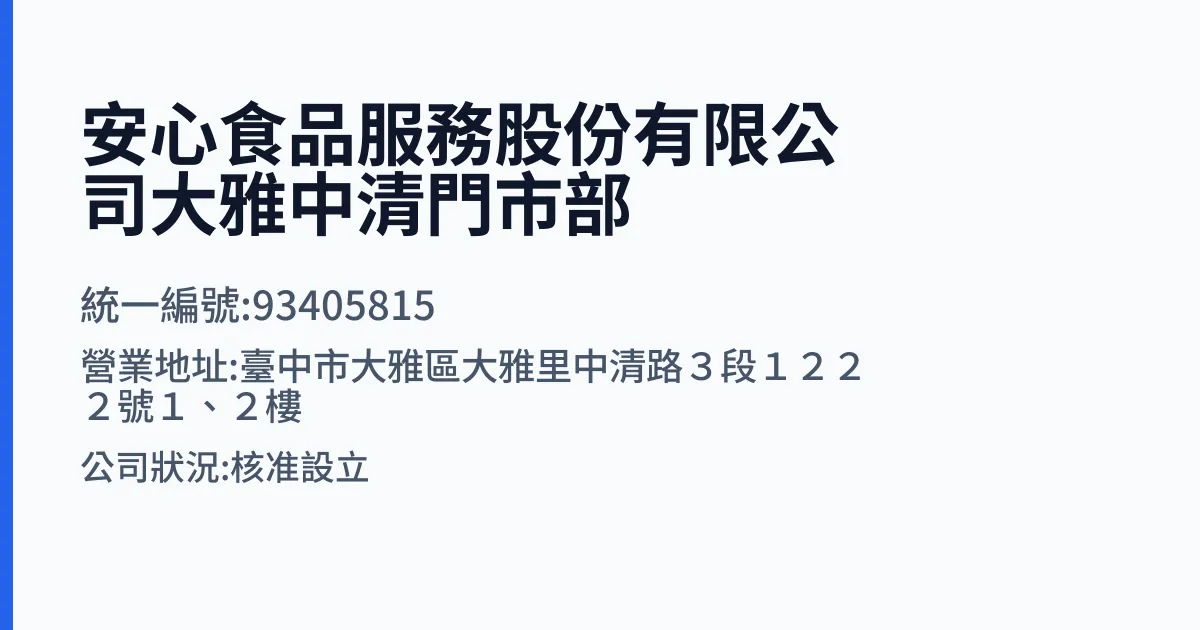 安心食品服務股份有限公司大雅中清門市部 - 統編 93405815(臺中市) 公司登記資料與營業項目詳細圖表