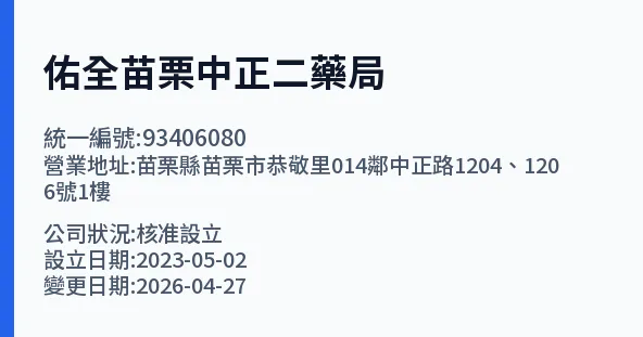 佑全苗栗中正二藥局的照片-統編 93406080(苗栗縣) 公司登記資料與營業項目詳細圖表