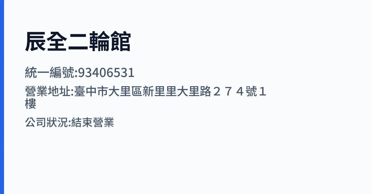 辰全二輪館 - 統編 93406531(臺中市) 公司登記資料與營業項目詳細圖表
