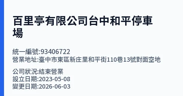 百里亭有限公司台中和平停車場的照片-統編 93406722(臺中市) 公司登記資料與營業項目詳細圖表
