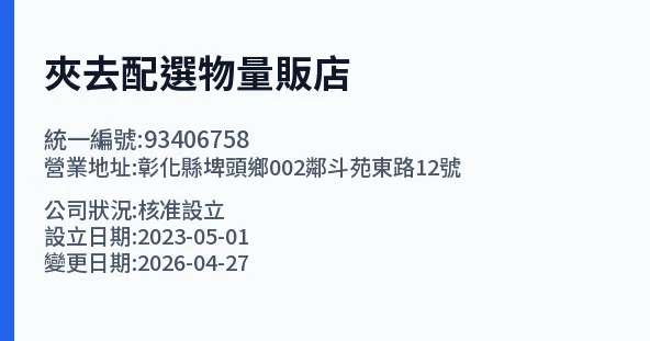 夾去配選物量販店的照片-統編 93406758(彰化縣) 公司登記資料與營業項目詳細圖表