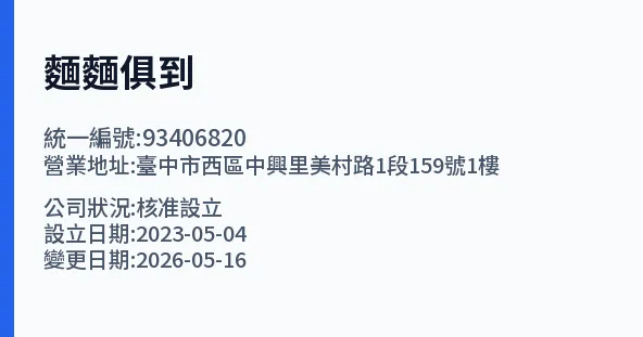 麵麵俱到的照片-統編 93406820(臺中市) 公司登記資料與營業項目詳細圖表