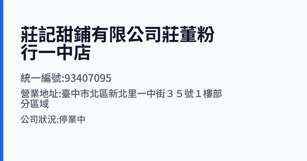 莊記甜鋪有限公司莊董粉行一中店 - 統編 93407095(臺中市) 公司登記資料與營業項目詳細圖表