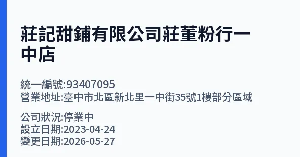 莊記甜鋪有限公司莊董粉行一中店的照片-統編 93407095(臺中市) 公司登記資料與營業項目詳細圖表