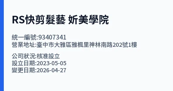 RS快剪髮藝 妡美學院的照片-統編 93407341(臺中市) 公司登記資料與營業項目詳細圖表