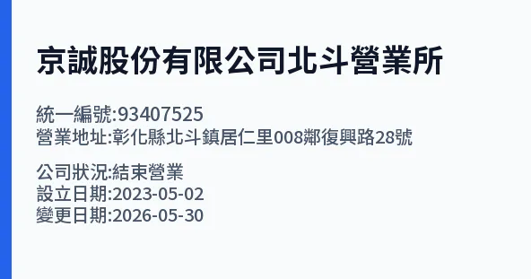 京誠股份有限公司北斗營業所的照片-統編 93407525(彰化縣) 公司登記資料與營業項目詳細圖表