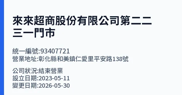 來來超商股份有限公司第二二三一門市的照片-統編 93407721(彰化縣) 公司登記資料與營業項目詳細圖表