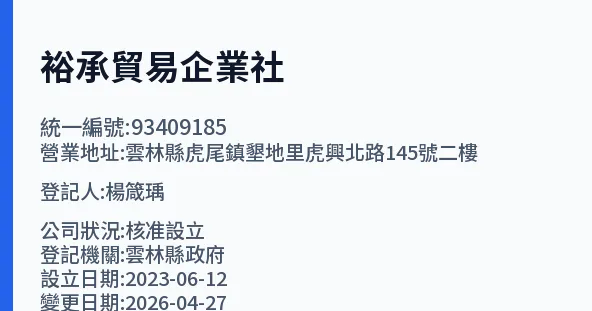 裕承貿易企業社的照片-統編 93409185(雲林縣) 公司登記資料與營業項目詳細圖表