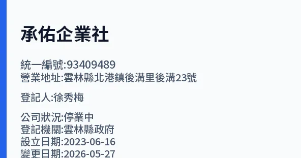 承佑企業社的照片-統編 93409489(雲林縣) 公司登記資料與營業項目詳細圖表