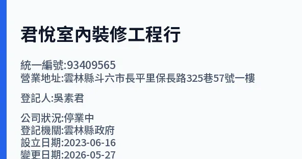 君悅室內裝修工程行的照片-統編 93409565(雲林縣) 公司登記資料與營業項目詳細圖表